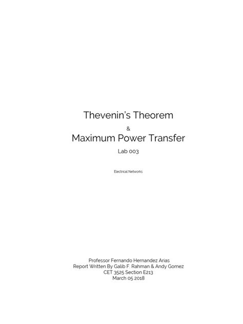 Lab 003 Thevenins Theorem And Maximum Power Transfer Pdf Electrical