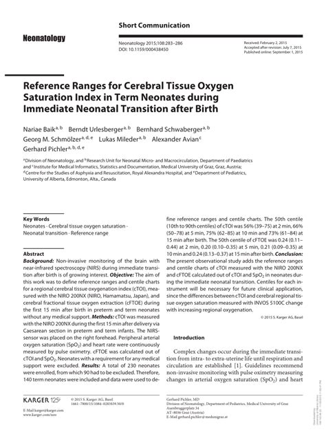 Pdf Reference Ranges For Cerebral Tissue Oxygen Saturation Index In Term Neonates During