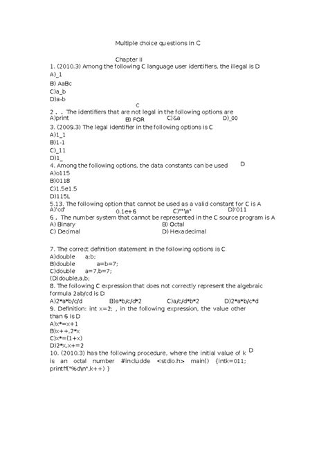 Multiple Choice Questions In C Multiple Choice Questions In C Chapter