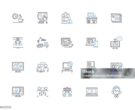 Workplace 개요 아이콘 모음입니다 직업 사무실 건물 책상 직원 팀 환경 벡터 및 일러스트레이션 개념 집합입니다 감독자 바닥 회의 선형 표지판 수첩에 대한 스톡 벡터