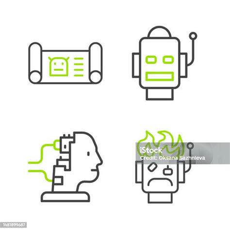 세트 라인 로봇이 타 버렸고 유지 보수를 위해 그리고 청사진 아이콘 벡터 가공의 인물에 대한 스톡 벡터 아트 및 기타 이미지 가공의 인물 개념 과학 Istock