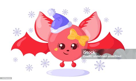 크리스마스 모자와 둥근 몸통을 가진 재미있는 귀여운 카와이 박쥐는 그림자가 있는 평평한 디자인의 눈송이로 둘러싸여 있습니다 박쥐에 대한 스톡 벡터 아트 및 기타 이미지