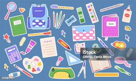 학용품 스티커 세트 문구류 및 학습 용품 책 자 연필 계산기 마커 벡터 일러스트 레이 션 0명에 대한 스톡 벡터 아트 및 기타