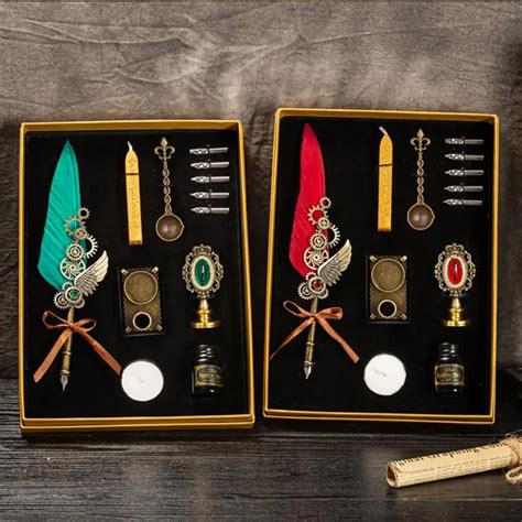 럭셔리 만년필 세트 빈티지 스프링클 골드 깃털 펜 잉크 병 캘리그라피 필기구 딥 펜 생일 선물 상자 5 펜촉만년필 Aliexpress