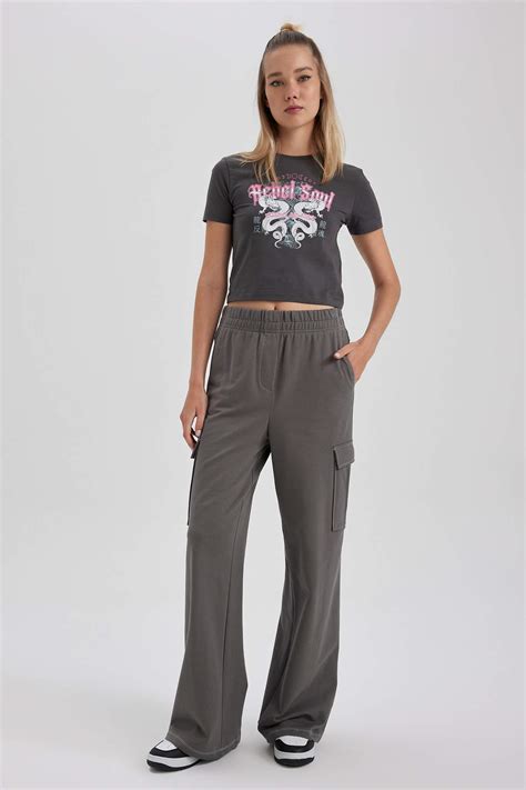 رمادي حريمي بنطلون سويت بانتس كارجو قصة عادية بجيب 2821659 Defacto