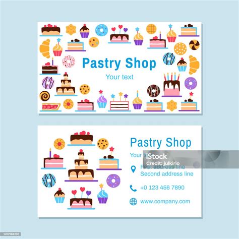 과자 가게 방문 카드 템플릿입니다 구운 건강한 디저트 명함 디자인 밝은 다채로운 플랫 맛있는 스낵 개체 도넛 케이크 컵케익 크로와상 제과 달콤한 가게 카페 벡터 그림