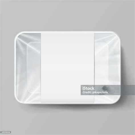 라벨을 가진 플라스틱 음식 콘테이너입니다 화이트 빈 빈 스티로폼 플라스틱 식품 트레이 컨테이너 서식 파일을 비웃는 다 벡터 현실적인 그림 실물 모형에 대한 스톡 벡터 아트