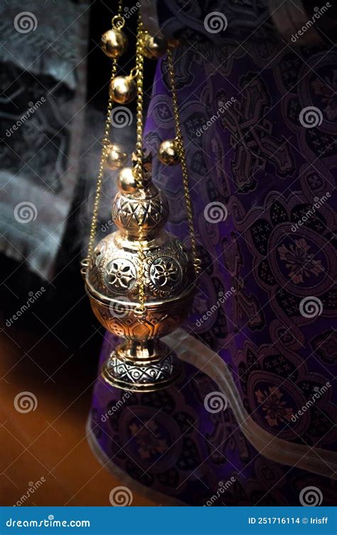 Beautiful Inlaid Metal Censer On Chains And Fragrant Smoke From Stock