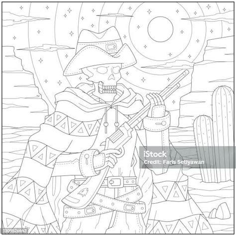 서부 육지 일러스트에서 해골 카우보이 사냥꾼 성인과 어린이를위한 학습 및 교육 색칠 페이지 그림 윤곽 스타일 흑백 도면 0명에 대한 스톡 벡터 아트 및 기타 이미지 Istock