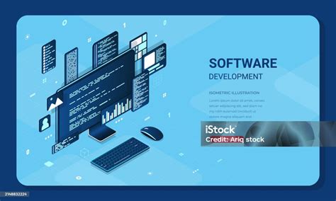 아이소메트릭 웹 배너 소프트웨어 개발 컴퓨터 화면의 프로그램 코드 랜딩 페이지 템플릿 디자인 아이소메트릭 일러스트레이션의