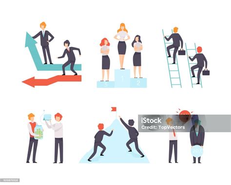 남자와 여자 회사원이 서로 경쟁하는 비즈니스 및 경력 경쟁 벡터 세트 Championship에 대한 스톡 벡터 아트 및 기타 이미지 Championship 개체 그룹