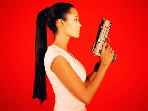 Angelina Jolie With Gun Photoshoot Full Hd K Wallpaper