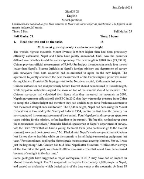 Class 11 English Model Question Page 1