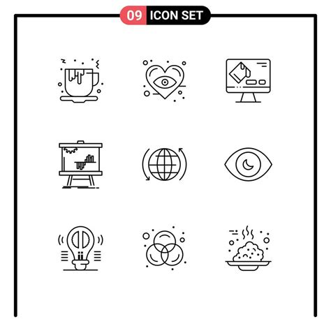 Editable Vector Line Pack Of 9 Simple Outlines Of Globe Stats Fill Graph Chart Editable Vector