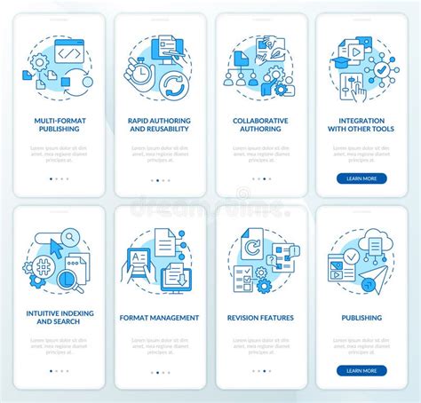 Lcms And Cms Features Blue Onboarding Mobile App Screen Set Stock Vector Illustration Of