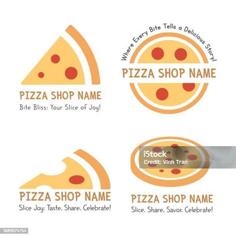 다양한 피자 로고 세트 브랜드 태그라인 전체 슬라이스 아이소메트릭 스타일의 4가지 디자인 독특한 피자 브랜딩을 위한 다재다능한 벡터 아트 최대 시각적 효과를 위한 클립아트