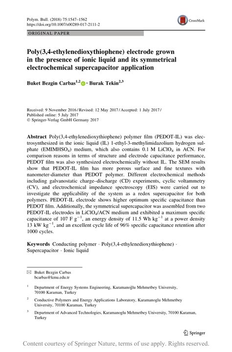 Poly34 Ethylenedioxythiophene Electrode Grown In The Presence Of