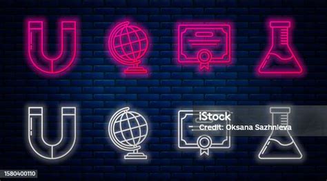 세트 라인 지구 글로브 인증서 템플릿 자석 과 테스트 튜브 및 플라스크 화학 실험실 벽돌 벽에 빛나는 네온 아이콘입니다 벡터 0명에 대한 스톡 벡터 아트 및 기타 이미지