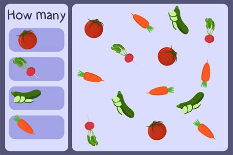 토마토 무 호박 당근 아이 수학 미니 게임 얼마나 많은 야채를 계산합니다 어린이를위한 교육 게임 다채로운 배경에 만화 디자인 템플릿 벡터 그래픽입니다 0명에 대한 스톡 벡터