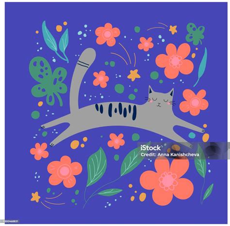 고양이와 세련된 손으로 그린 사각형 모양의 포스터 벡터 유치한 일러스트레이션 고양이가 꽃 녹지 떨어지는 황금별 사이를 날아간다 인쇄 직물 스티커 포스터 카드 티셔츠용 0명에
