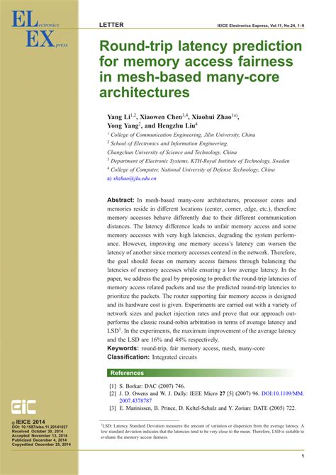 Pdf Round Trip Latency Prediction For Memory Access Fairness In Mesh Based Many Core Architectures