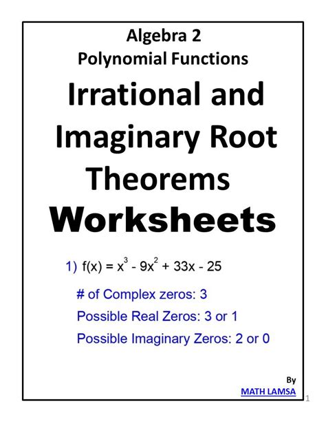 Irrational And Imaginary Root Theorems Worksheets Algebra 2 Polynomial