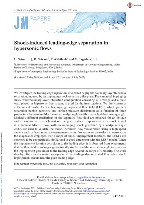 Pdf Shock Induced Leading Edge Separation In Hypersonic Flows
