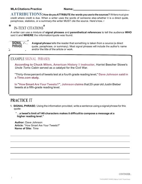 MLA Citations Practice Worksheet