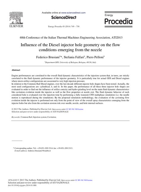 Pdf Influence Of The Diesel Injector Hole Geometry On The Flow Conditions Emerging From The Nozzle