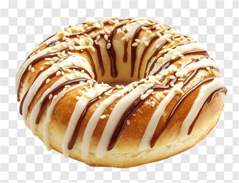 초콜릿 바닐라 드리즐과 바삭한 참깨를 곁들인 갓 구운 도넛 글레이즈드 도넛 초콜릿 이슬비 참깨 토핑 Png 일러스트 및