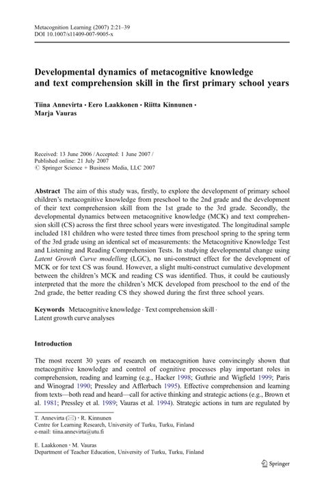 Pdf Developmental Dynamics Of Metacognitive Knowledge And Text Comprehension Skill In The