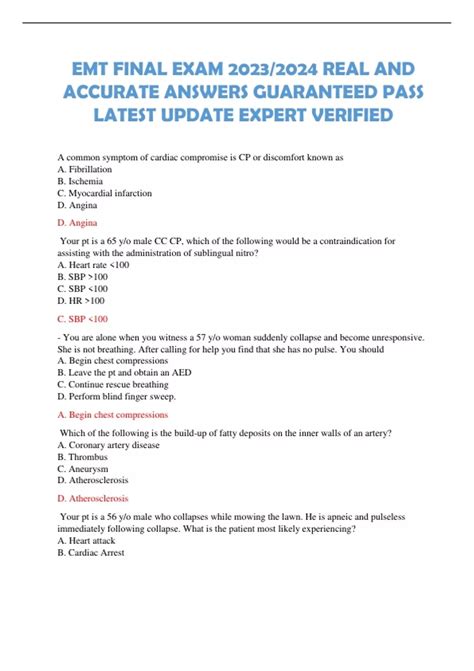 Emt Final Exam 2023 2024 Real And Accurate Answers Guaranteed Pass Latest Update Expert Verified