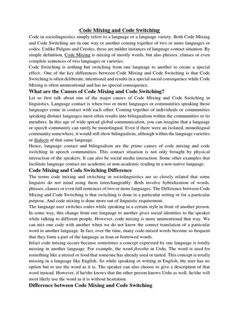 Code Switching And Code Mixing Pdf Applied Linguistics Cultural Assimilation