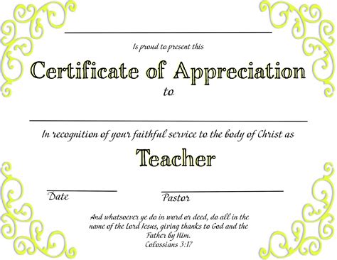 Christian Certificate Of Appreciation Teacher Downloadable Printable