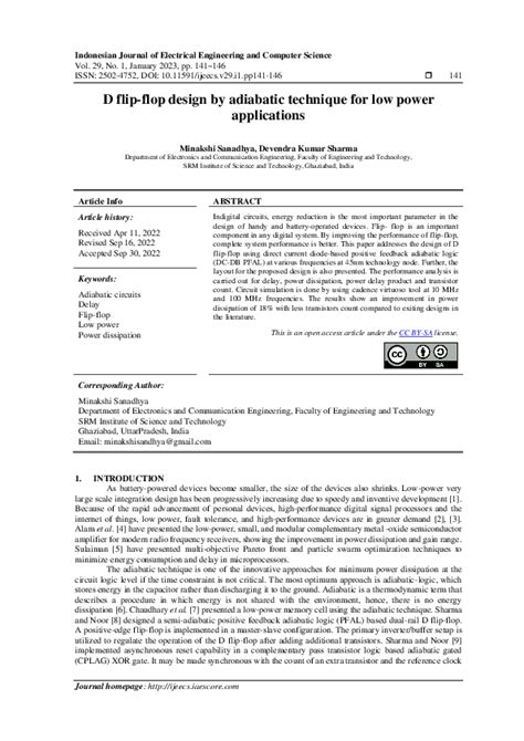 Pdf D Flip Flop Design By Adiabatic Technique For Low Power Applications