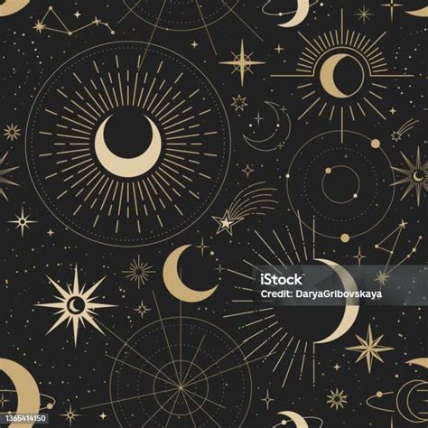 태양 별자리 달과 별매직 원활한 벡터 패턴 골드 장식 장식 점성술 난해 타로 신비와 마법에 대한 그래픽 패턴 럭셔리 우아한 디자인 달 하늘에 대한 스톡 벡터 아트 및 기타