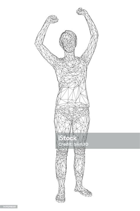 흰색 배경에 고립 된 검은 선에서 손을 들어 올린 여성의 와이어 프레임 소녀는 기뻐합니다 3d 벡터 일러스트레이션 인체에 대한 스톡 벡터 아트 및 기타 이미지 Istock