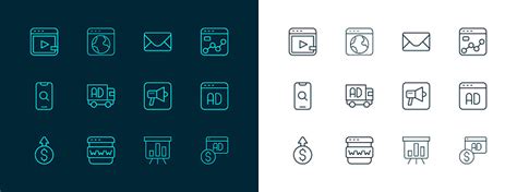 라인 시장 분석 브라우저 창 메가폰 그래프 차트가있는 보드 광고 트럭 메일 및 이메일 비디오 광고 및 전세계 아이콘을 설정합니다 벡터 0명에 대한 스톡 벡터 아트 및 기타