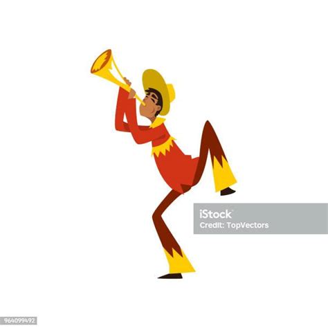 젊은이 브라질 카니발에서 트럼펫 흰색 바탕에 밝은 축제 의상 벡터 일러스트 레이 션에에서 남성 댄서와 함께 연주 음악 Film Festival에 대한 스톡 벡터 아트 및