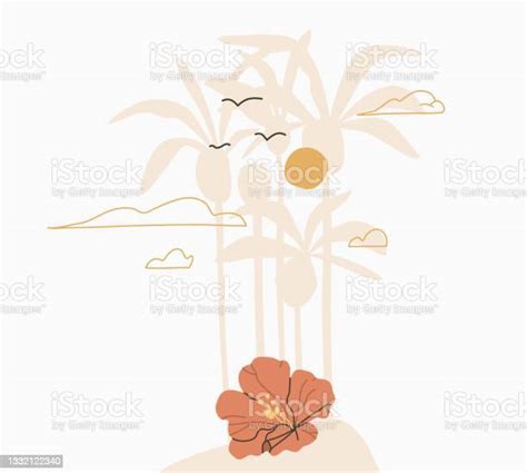 손으로 그린 벡터 추상 스톡 그래픽 여름 시간 만화 미니멀 일러스트 장면 아름다운 열대 야자수 섬 실루엣과 흰색 배경에 고립 일몰 보보스에 대한 스톡 벡터 아트 및 기타