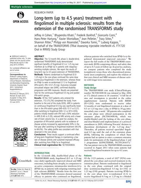 Pdf Long Term Up To 4 5 Years Treatment With Fingolimod In Multiple Sclerosis Results From