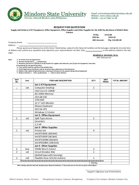 Fillable Online Request For Quotation Supply And Delivery Of Ict