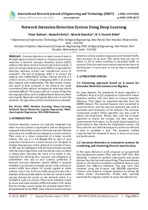 Pdf Irjet Network Intrusion Detection System Using Deep Learning