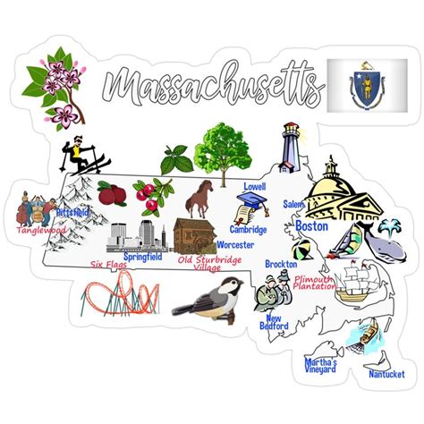 Hand Drawn Illustration Of Massachusetts Map With Tourist Destinations