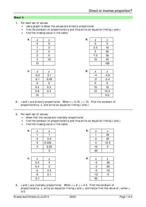 Direct Or Inverse Proportion Ks3 4 Maths Teachit Worksheets Library