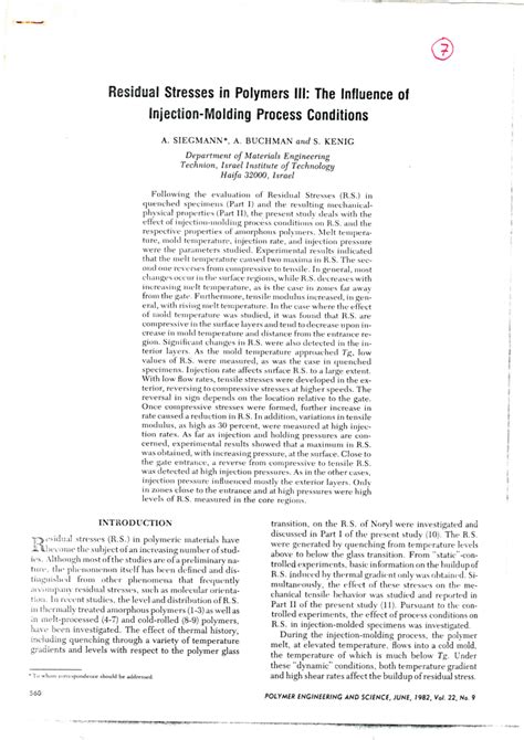 Pdf Residual Stresses In Polymers Iii The Influence Of Injection‐molding Process Conditions