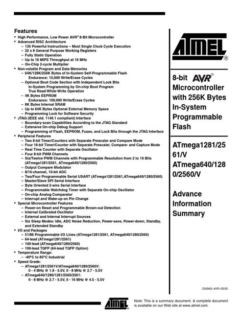8 Bit Microcontroller With 256k Bytes In System Programmable Flash Atmega128125 61v Atmega640