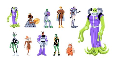 다양한 외계인 세트 우주에서 온 외계 캐릭터 우주에서 온 행성간 괴물 휴머노이드 로봇 Ufo 우주 비행사 돌연변이 흰색 배경에 평면 고립 된 벡터 일러스트 가공의 인물에