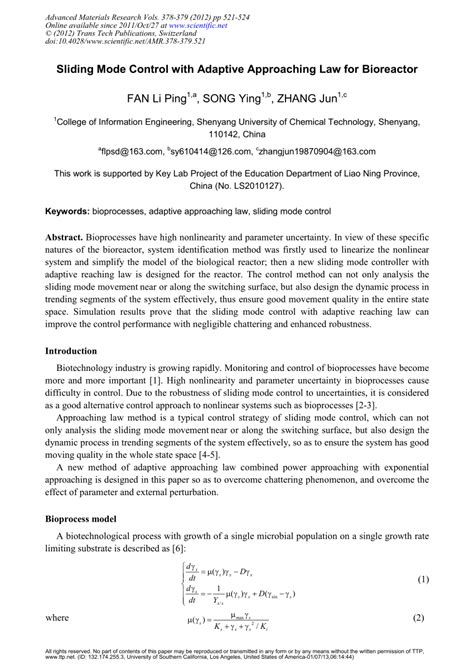 Pdf Sliding Mode Control With Adaptive Approaching Law For Bioreactor
