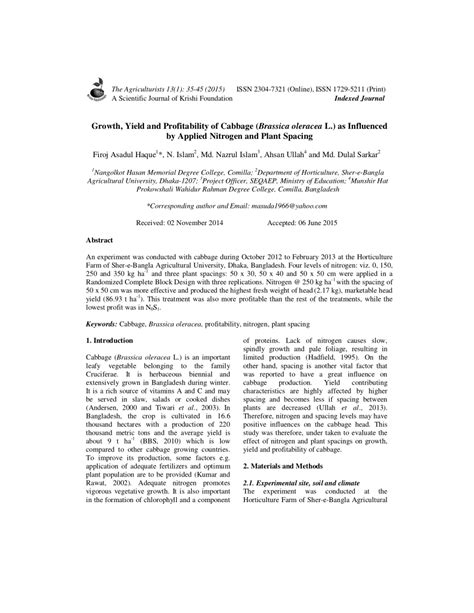 Pdf Growth Yield And Profitability Of Cabbage Brassica Oleracea L As Influenced By Applied
